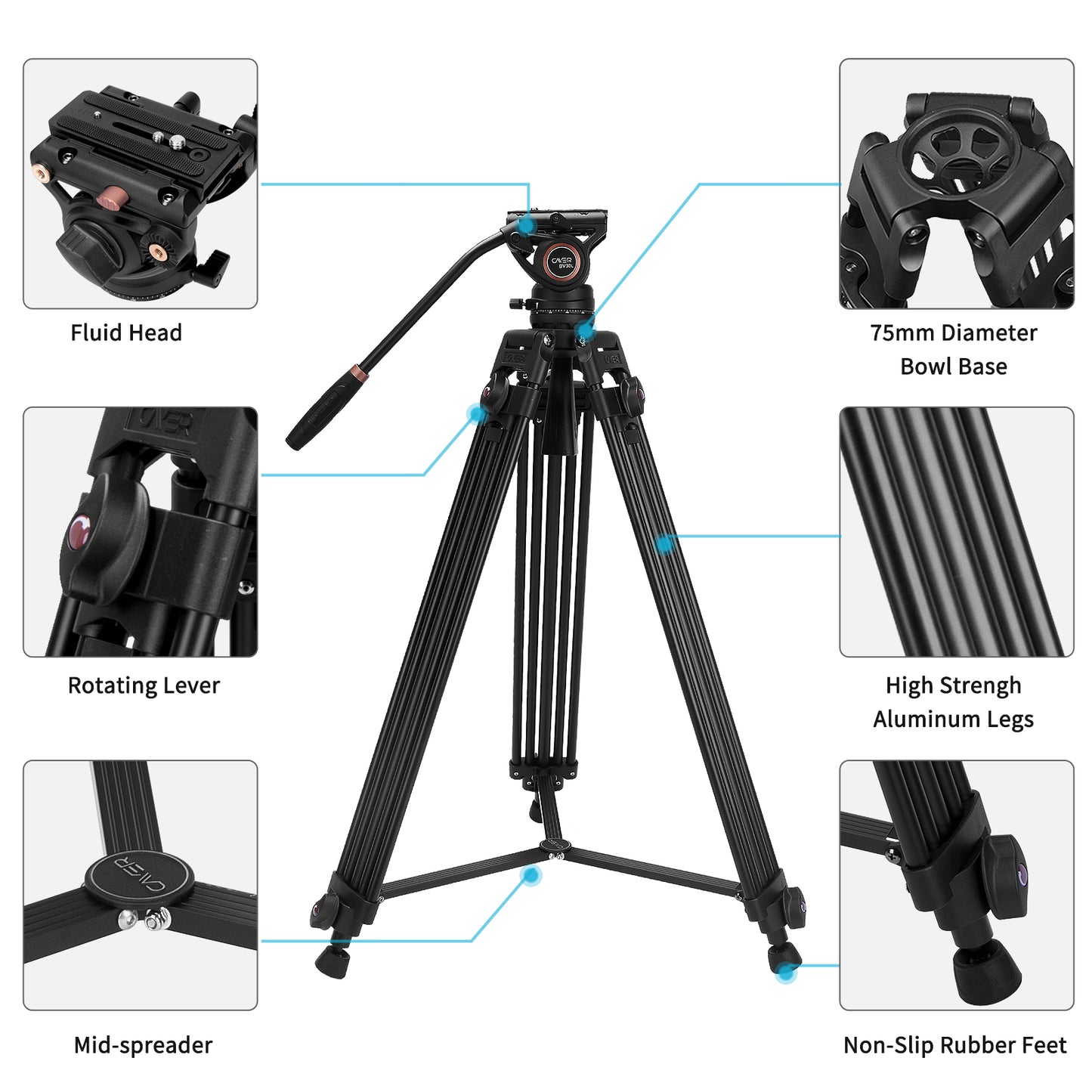 Cayer BV30L 72 inch Heavy Duty Aluminum Twin Tube Tripod Kit with K3 F
