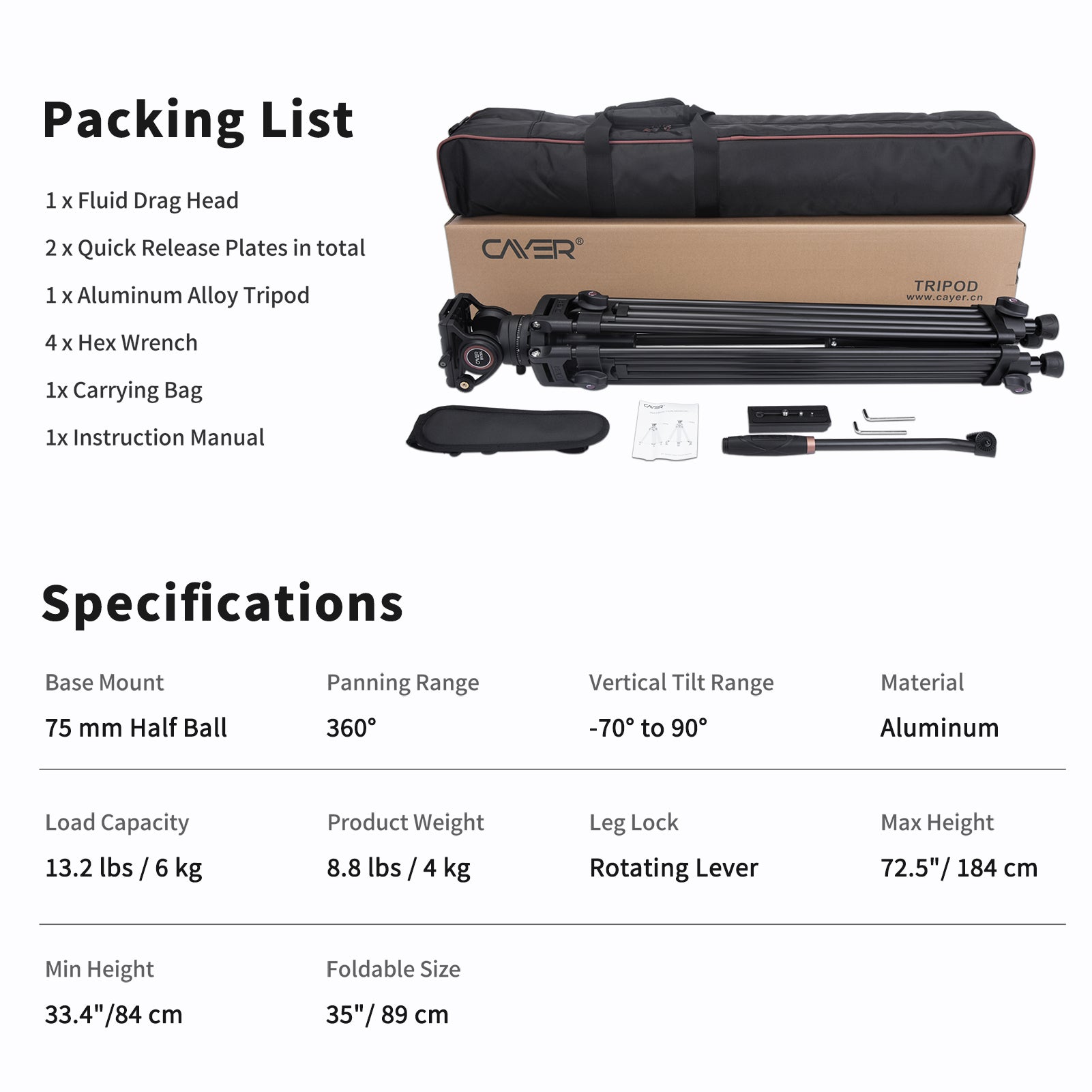 Cayer BV30L 72 inch Heavy Duty Aluminum Twin Tube Tripod Kit with K3 F